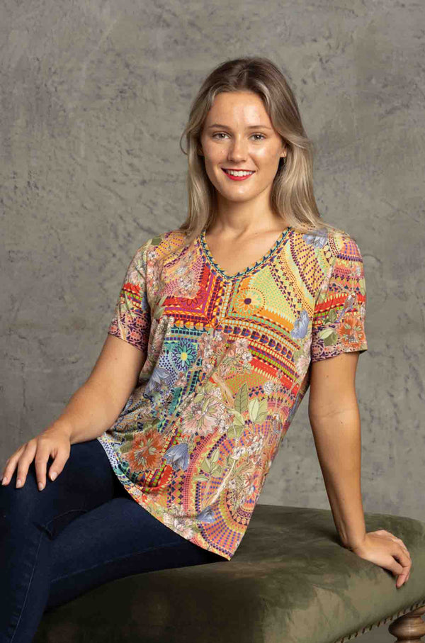Johnny Was - The Janie Favorite Short Sleeve V-Neck Tee in Mosaic ...