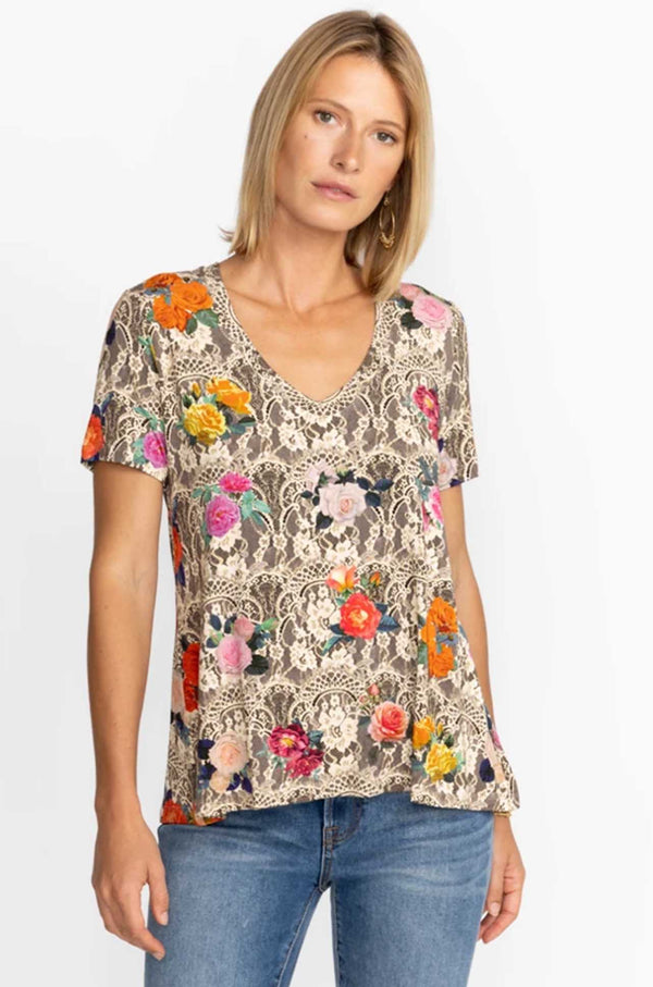 Johnny Was - Rose Lace Favourite S/S V-Neck Swing Tee - Zambezee