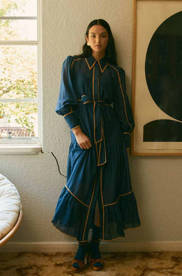 Once Was - Tallitha Binding Detailed Collared Shirtdress in Navy/Husk ...