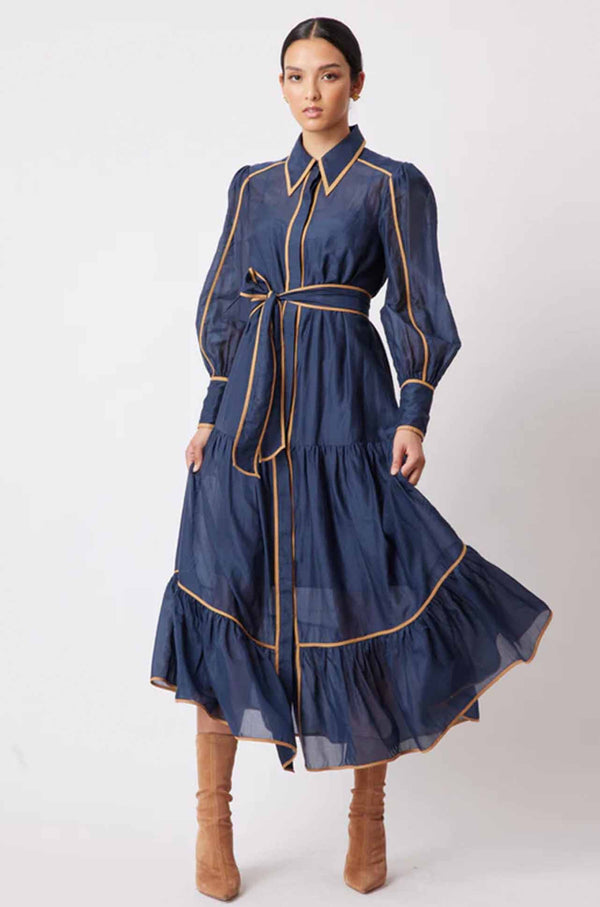 Once Was - Tallitha Binding Detailed Collared Shirtdress in Navy/Husk ...