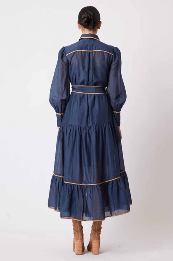 Once Was - Tallitha Binding Detailed Collared Shirtdress in Navy/Husk ...